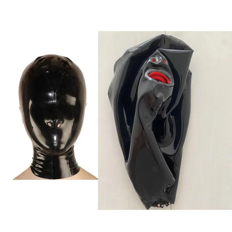 Rubber-mask-Sexy-Latex-Hood-with-Red-Teeth-Gag-and-Nasal-Tubes-Back-Zip ...