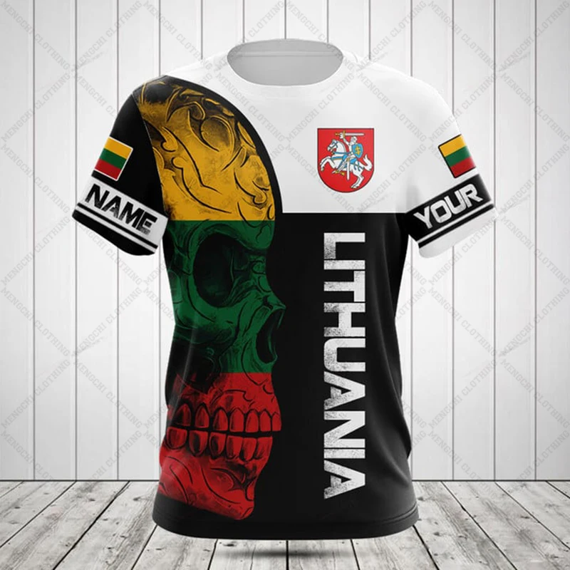 Custom Name Lithuania Emblem Skull Graphic Tees For Men Loose T-shirts ...