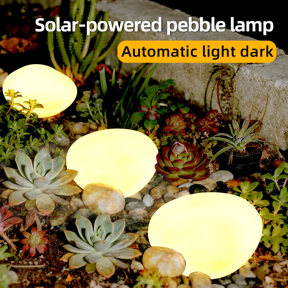 Solar Pebble Faux Stone Lawn Light LED Outdoor Garden Lamp Semi-Flush ...