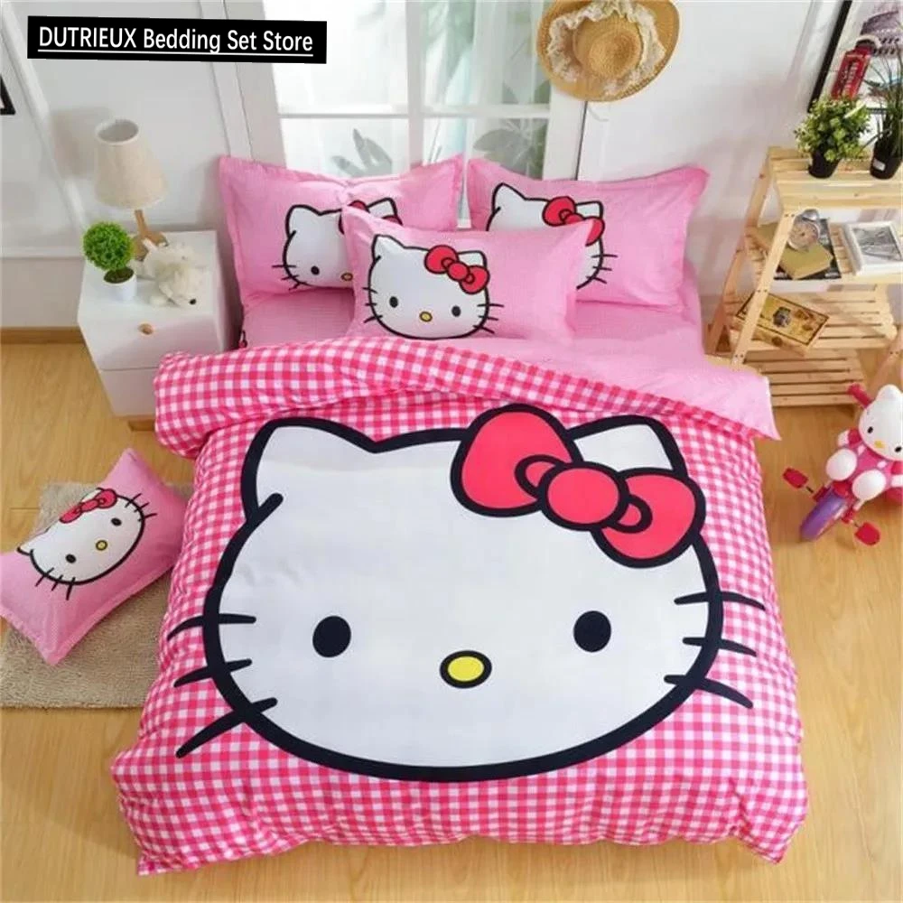 Hello-Kitty-Pink-Lattice-Duvet-Cover-Cartoon-Cat-Girls-Kids-Bedroom ...