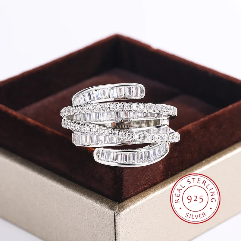 High-Quality-Interwoven-Geometric-White-Zircon-Ring-925-Silver-for ...