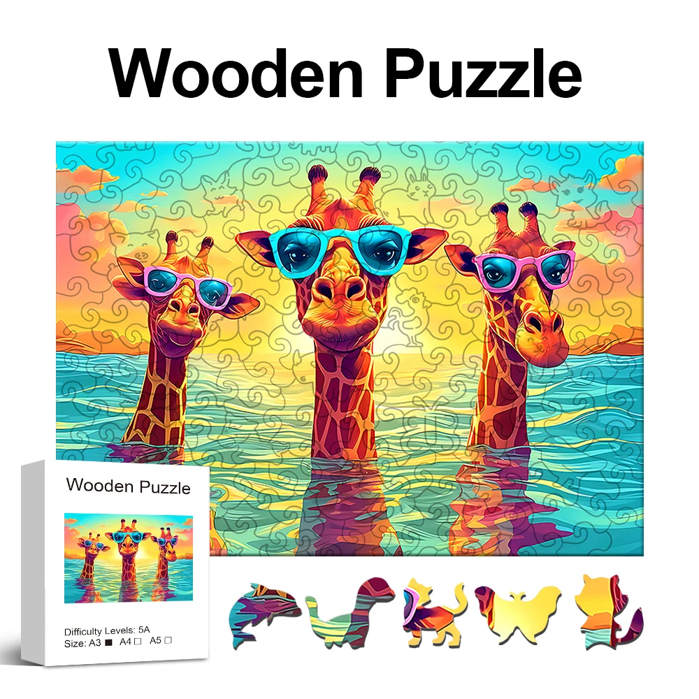 Three-Leisurely-Giraffes-Wooden-Puzzle-Irregular-Animal-shaped-Pieces ...