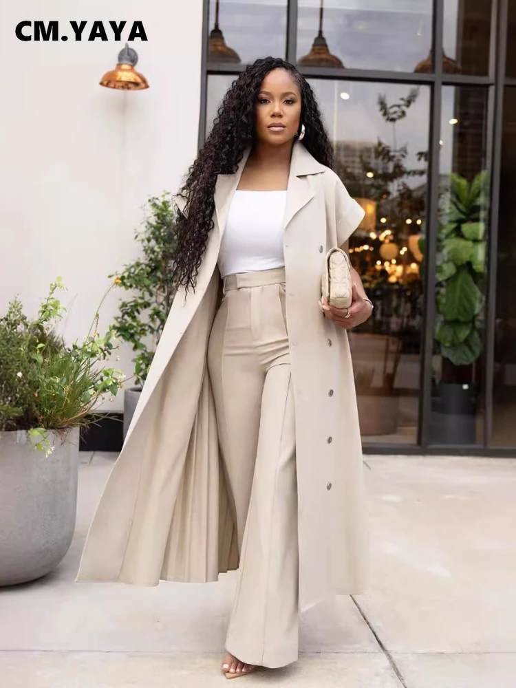 CM.YAYA Elegant Women's Set short Sleeve pleated Long Trench and Pants ...