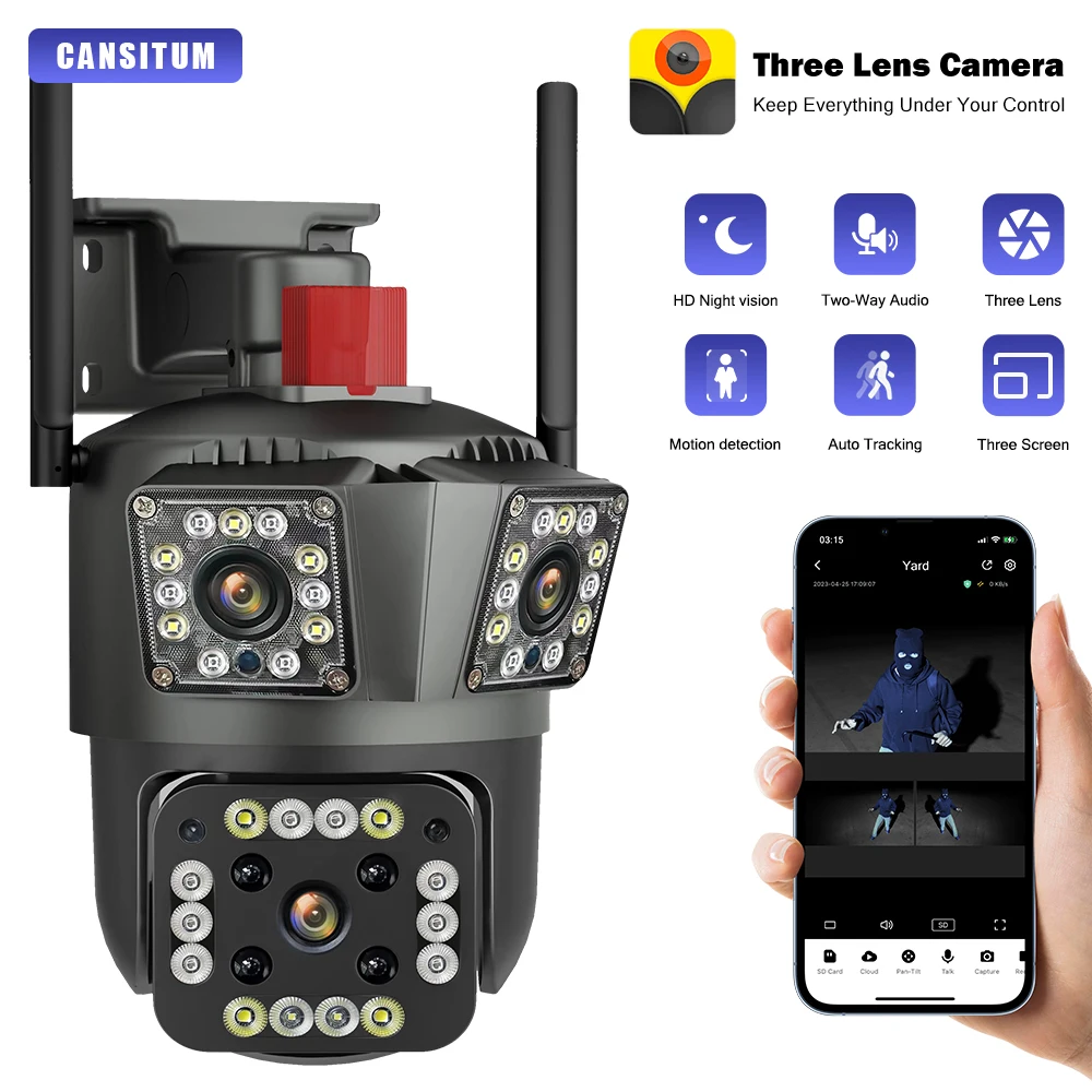 PTZ-Waterproof-Security-System-Video-Camera-Surveillance-3-Lens-Three ...