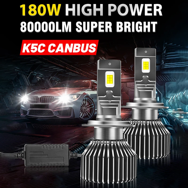 180W Lâmpada Turbo H11 H4 Canbus 9005 9006 K5C Pro LED Farol HB4 80000LM HB3 4300K 6000K Branco ...