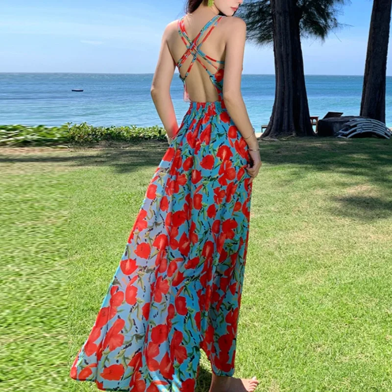 Floral Printed Elegant Women Dress Backless Sleeveless V-neck Summer ...