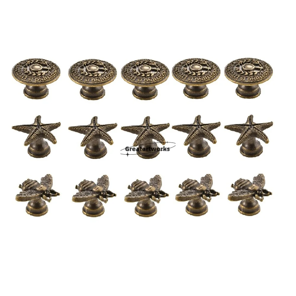 5pcs-Metal-Knob-w-screw-Starfish-Bee-Round-Single-Hole-Handle-Antique ...