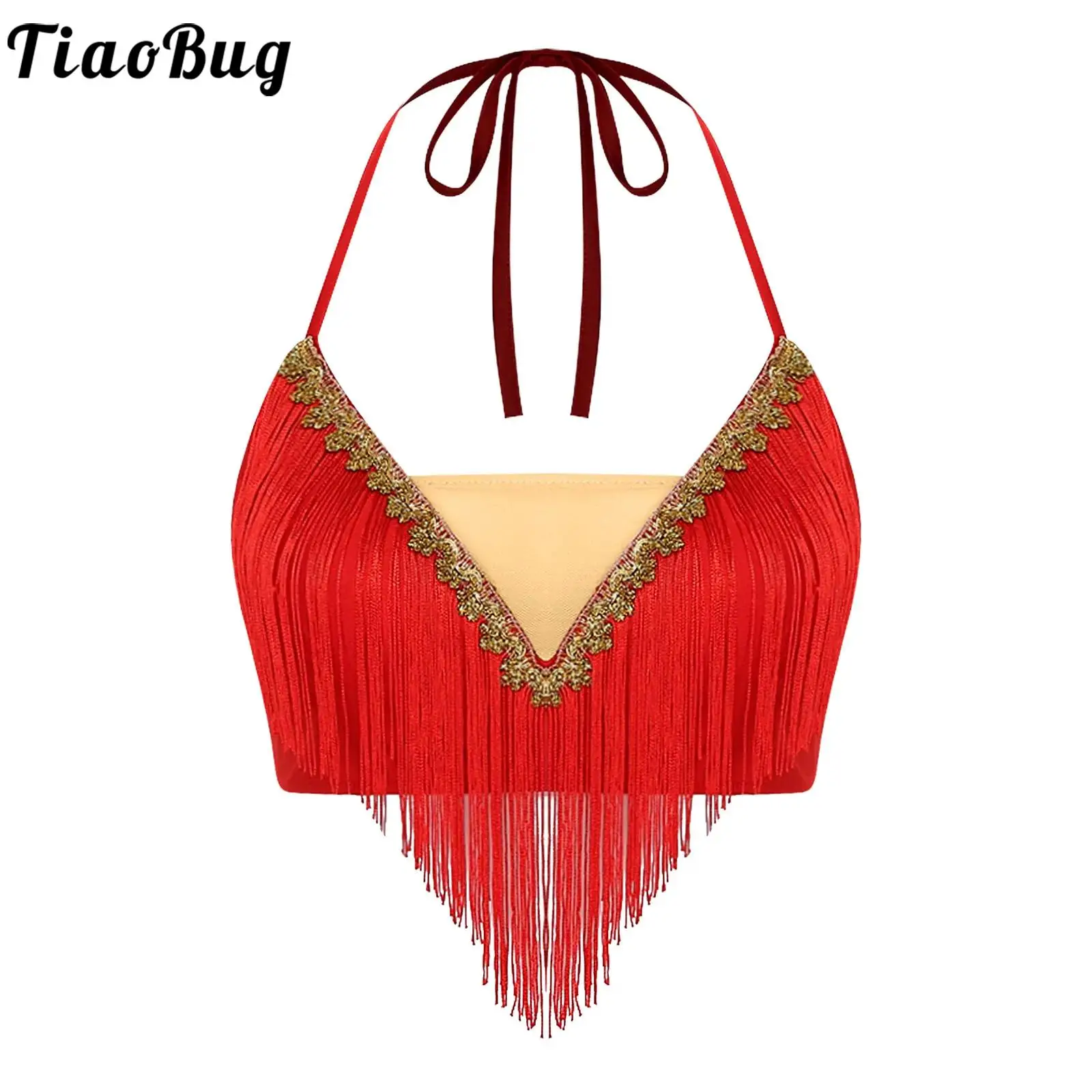 Women Lace-up Tassel Belly Dance Crop Top Vest Bellydance Halter Gold ...