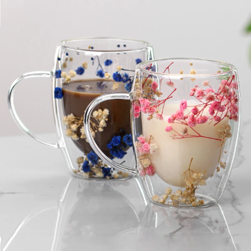350ml-Double-Wall-Glass-Cup-With-Handle-Dried-Flower-Decorated-Coffee ...
