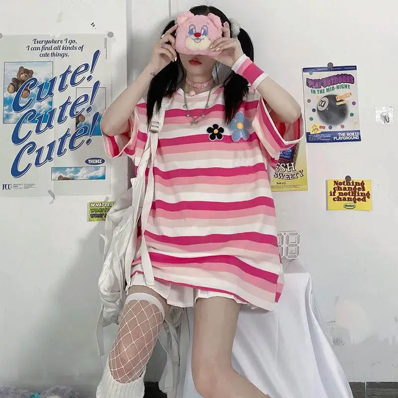 Women T-Shirts Harajuku Goth Punk stripe Print Short Sleeve Plus Size ...