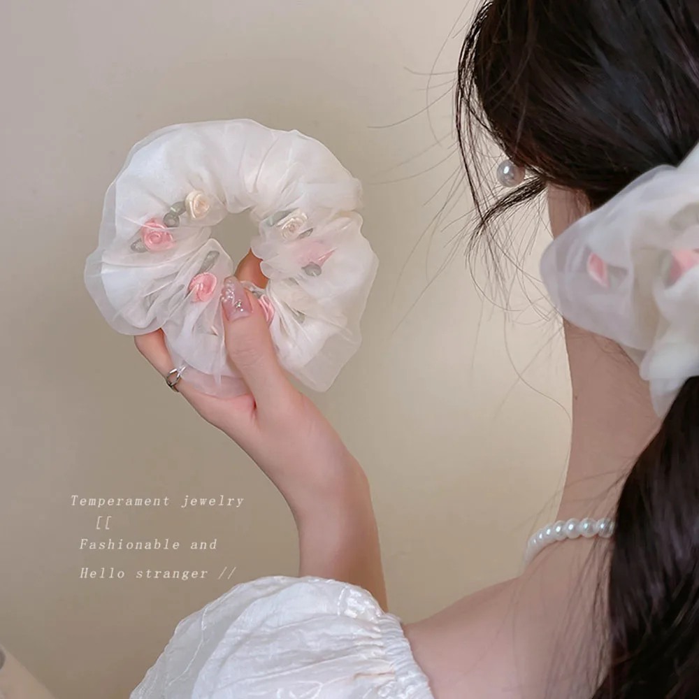 Elegant Ladies Net Yarn Small Rose Flower Hair Rope Fashion Elastic ...