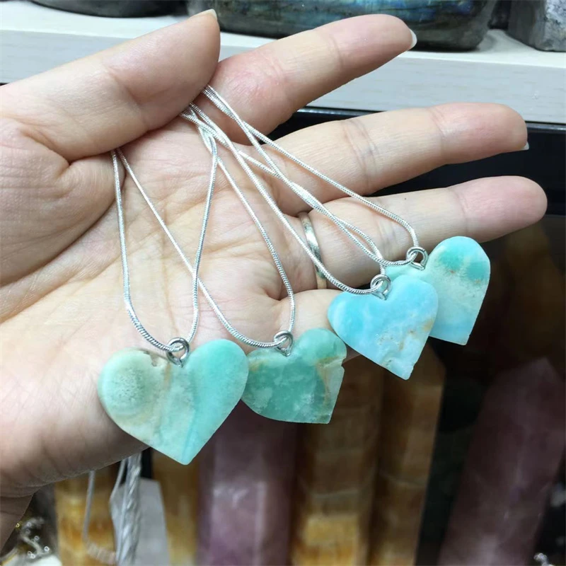 Blue Caribbean Calcite Heart Pendant Natural Stones Quartz Carved ...