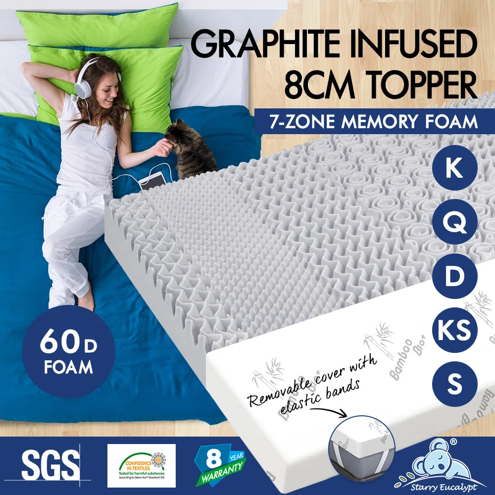 Graphite Infused Memory Foam Mattress Topper Bamboo Cover 7 Zone 8cm ...