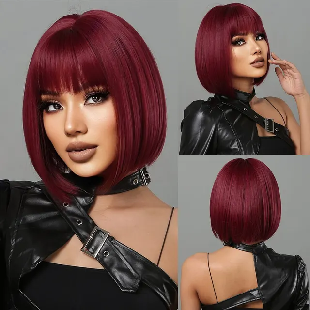 Short Wine Red Bob Wigs For Women Burgundy Bob Wigs With Thick Bangs ...