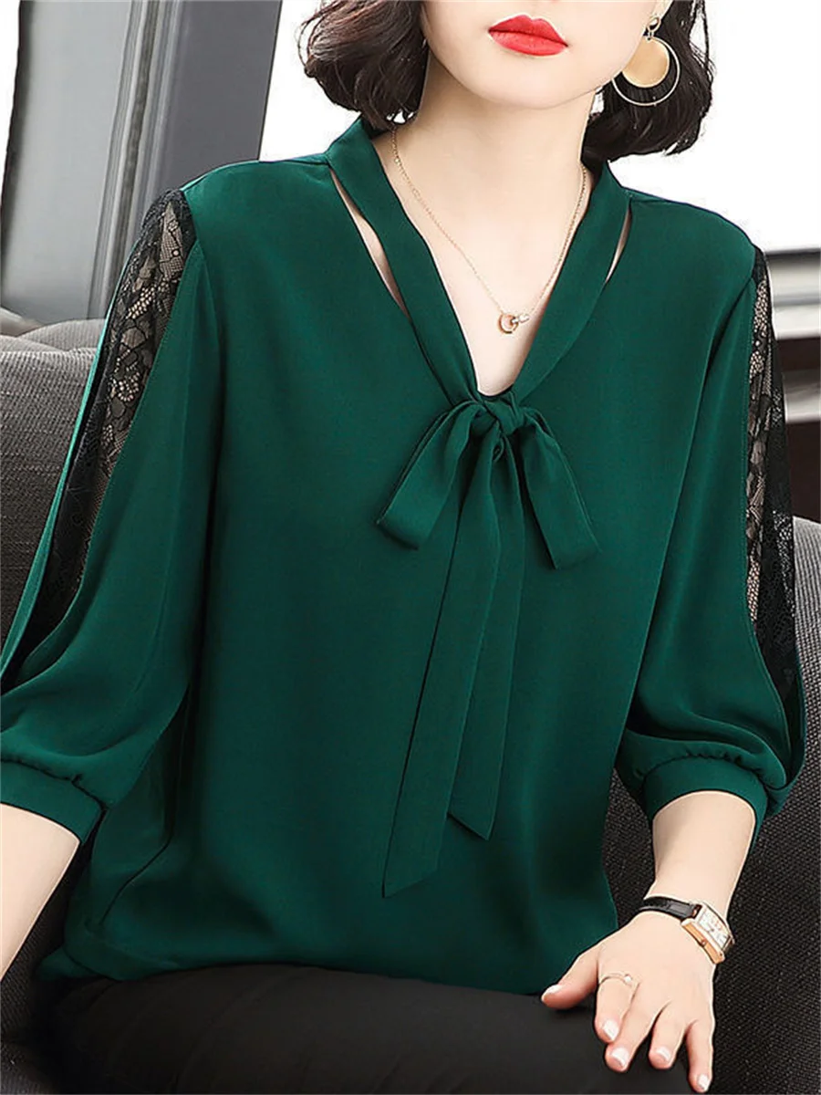 Women Spring Summer Style Blouses Tops Lady Casual Bow Tie Colloar Half Lace Sleeve Loose Blusas ...