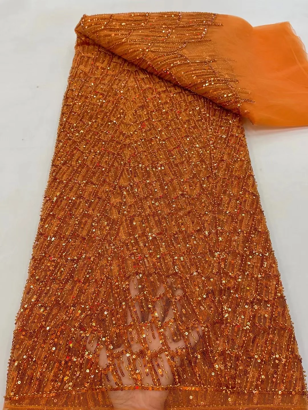Burnt-Orange-Nigerian-High-Quality-SequinsTulle-Lace-Fabric-Luxury ...