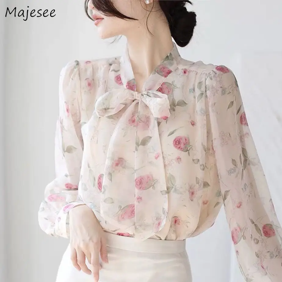 Blouse-Women-Pink-Floral-Tops-Fall-Newly-Trendy-Bow-Vintage-Gentle ...