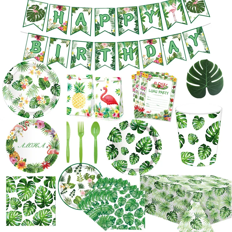 Hawaiian-Party-Decorations-Palm-Leaves-Bunting-Banner-Luau-Flamingo ...