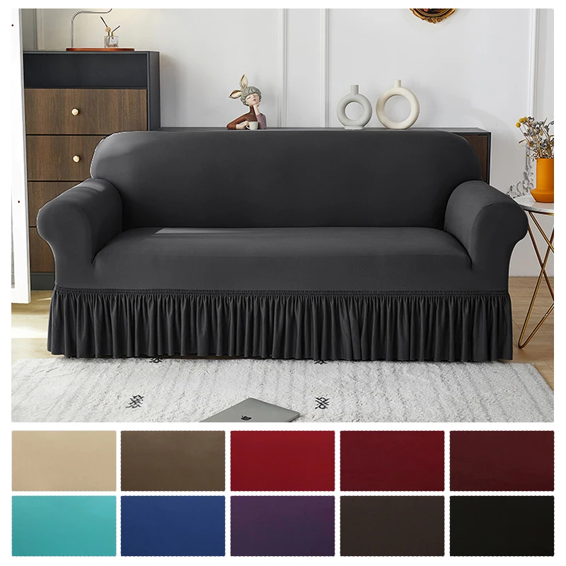 Solid-Color-Sofa-Cover-With-Skirt-Stretch-Spandex-Seat-Slipcover-For ...