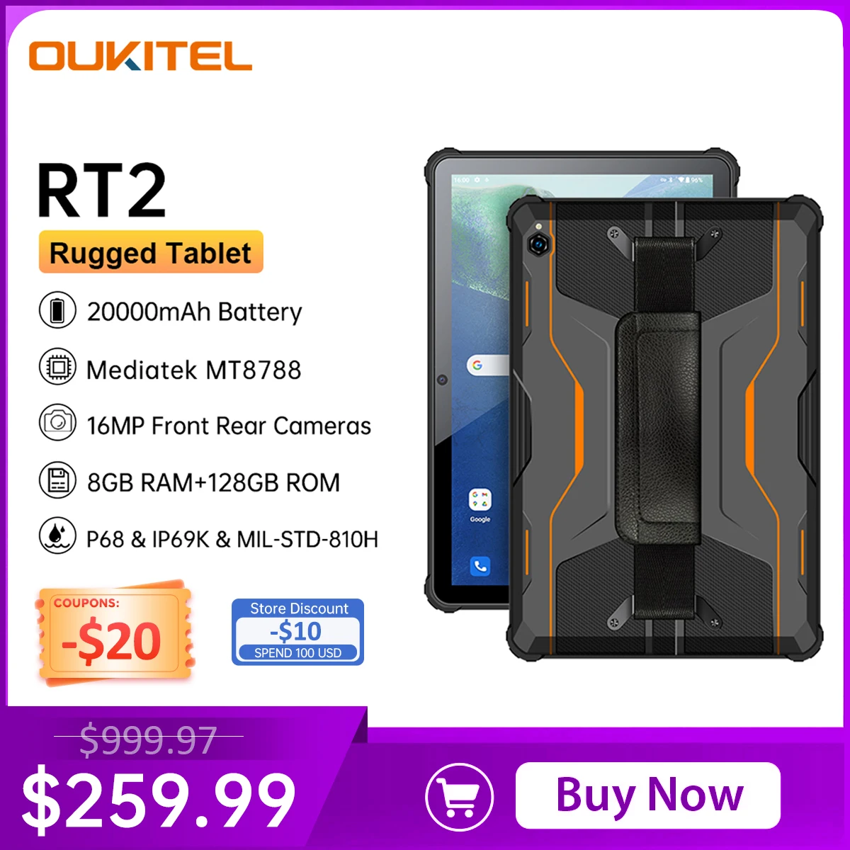 Oukitel Tableta rugosa RT2 de 10,1 "FHD + 20000mAh, 128GB + 8GB ...