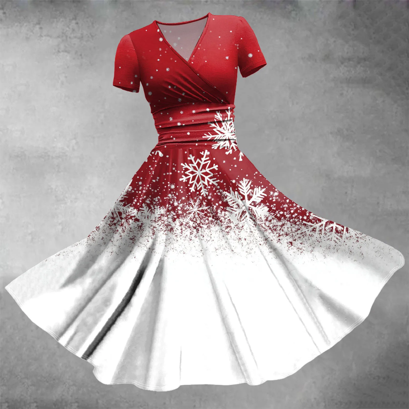 Womens-Christmas-Snowflake-Print-Evening-Dresse-V-Neck-Short-Sleeve ...