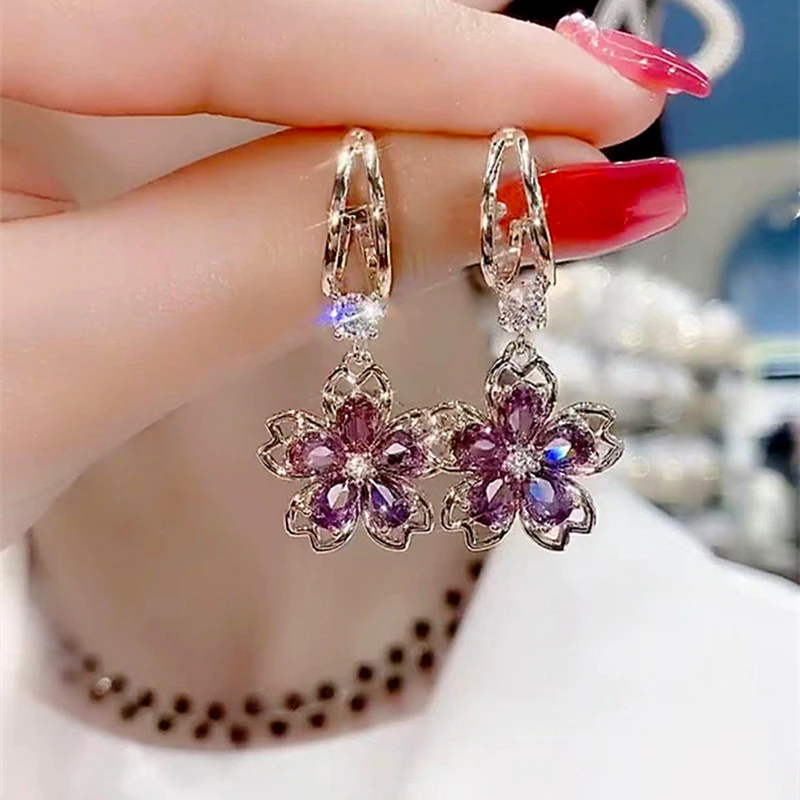 Purple-Crystal-Flower-Pendant-Zircon-U-shaped-Gold-Color-Stud-Earrings ...