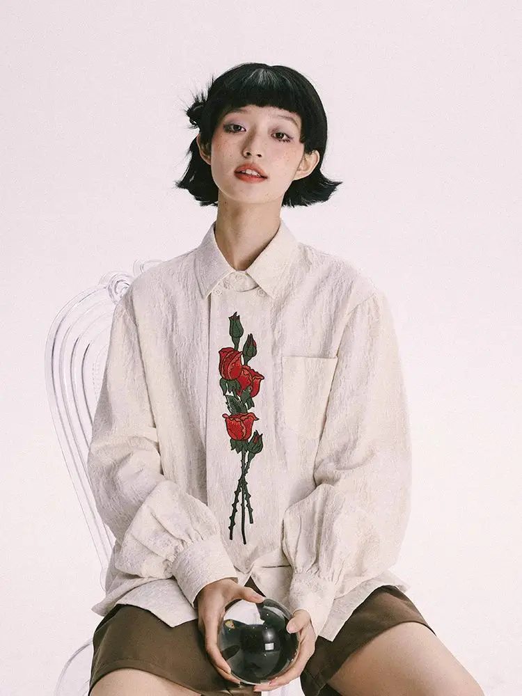 Rose Floral Embroidery Shirt Women Design Retro Lapel Long Sleeve Loose ...