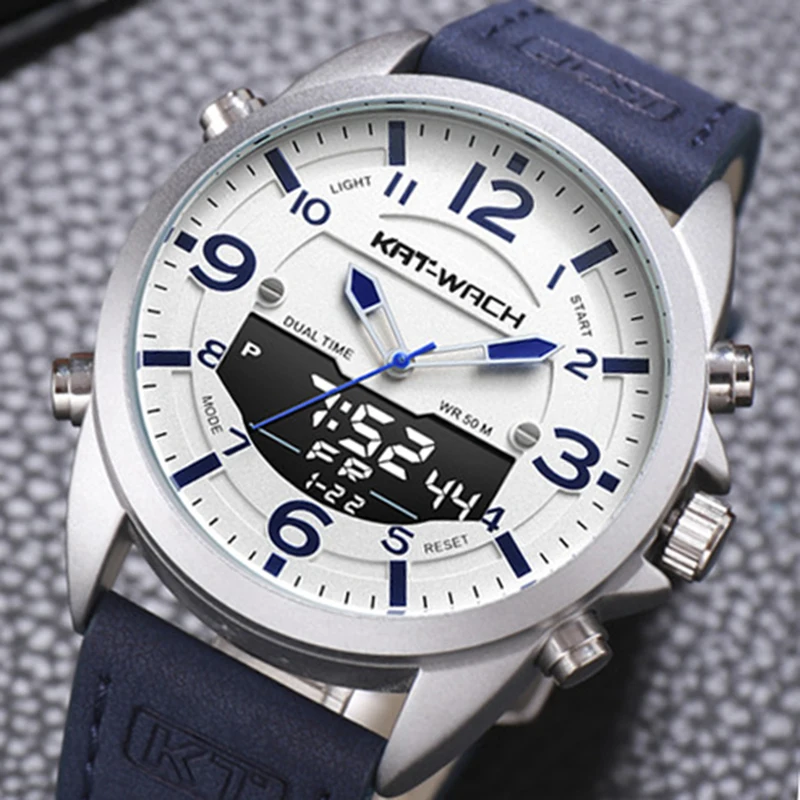 KAT-WACH-Dual-Display-Leather-Men-Sports-Wrist-Watches-Digital-Quartz ...