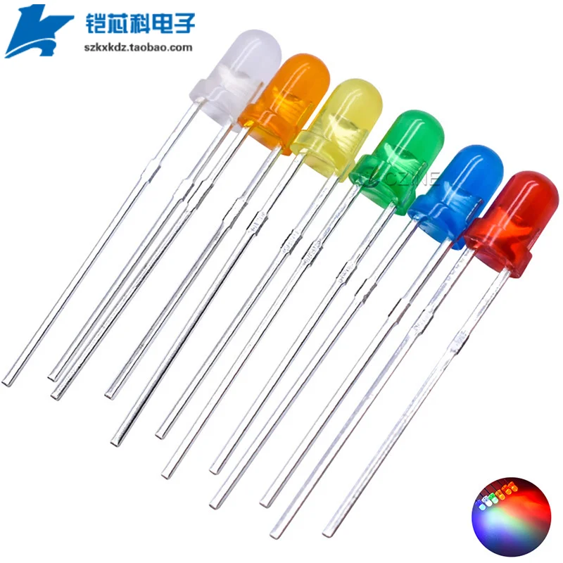 100Pcs 3MM LED Diode F3 Red Light Green Yellow Blue Orange White ...