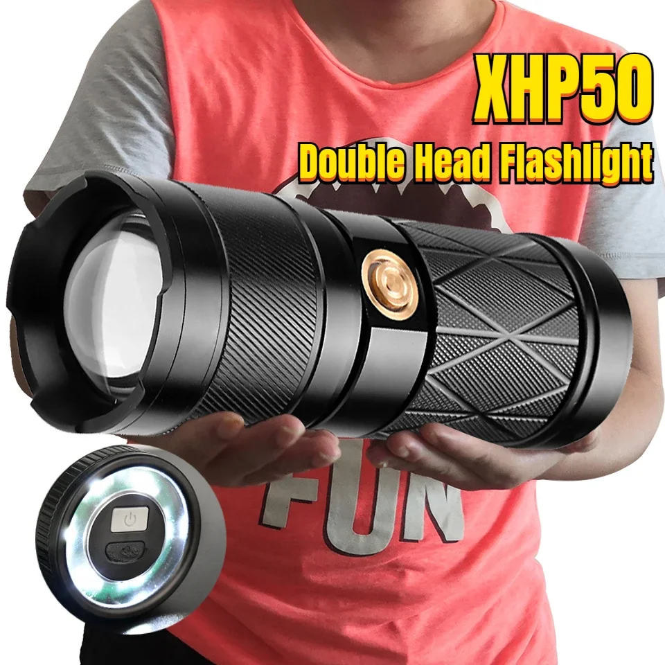 XHP50-Super-Bright-Led-Double-Head-Flashlight-Waterproof-Rechargeable ...