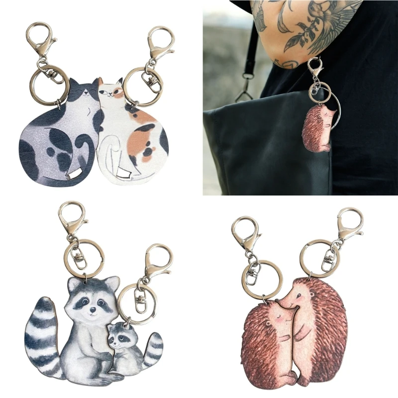 2Pcs-Mothers-Day-Gift-Cute-Cat-Raccoon-Hedgehog-Couple-Keychain ...