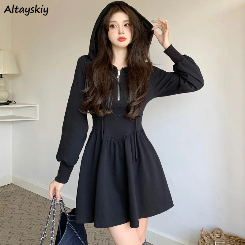 Hooded-Zippers-Women-Dresses-Mini-Solid-Korean-Style-Long-Sleeve ...