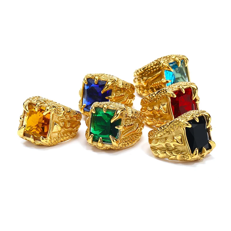 HIP-Hop-Bling-Gold-Color-Stainless-Steel-Falcon-Talons-Square-Stone ...