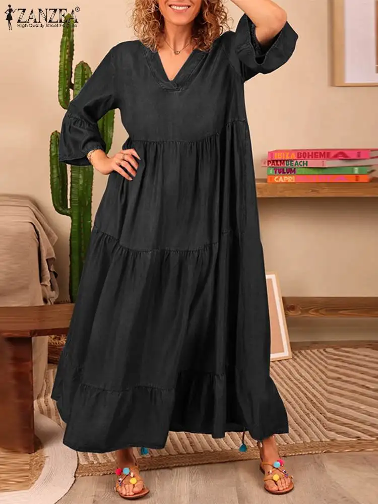ZANZEA-Autumn-Fashion-Denim-Dress-3-4-Sleeve-V-Neck-Dresses-Woman ...