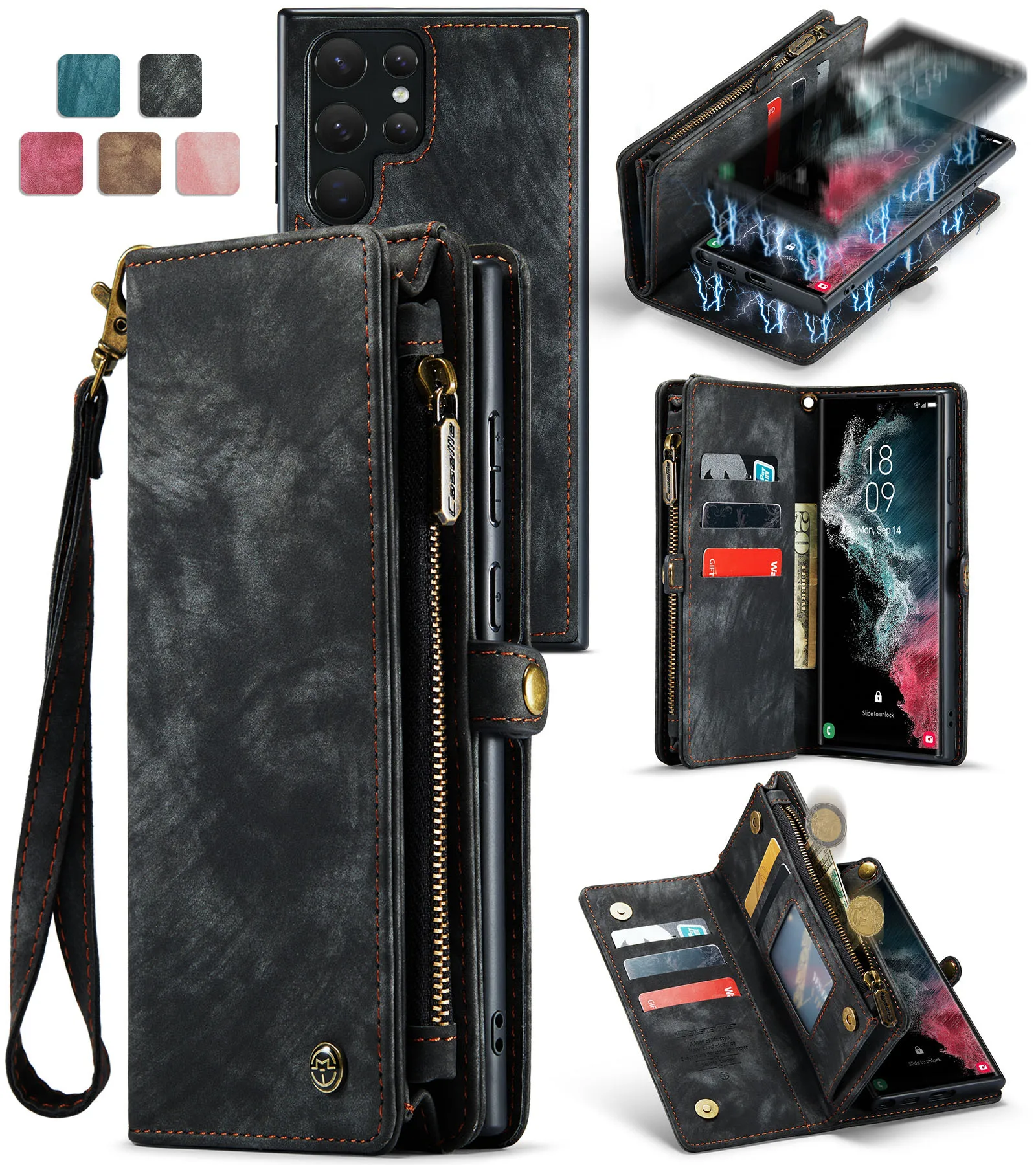 Detachable Wallet Zipper Flip Leather Phone Case For Samsung Galaxy S23 S22 S21 S20 FE S10 Note ...