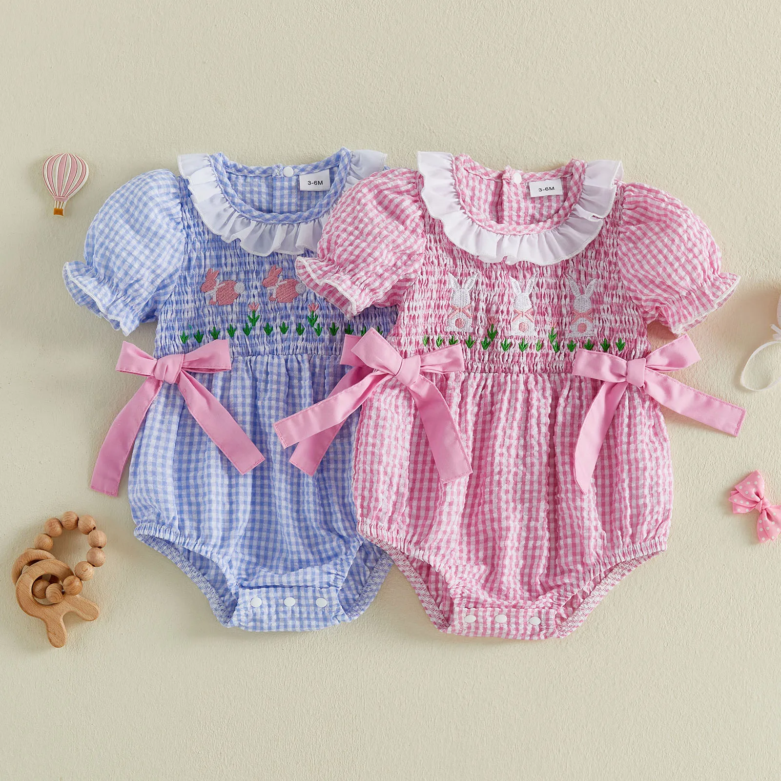 Baby Girls Plaid Rompers Easter Clothes Bunny Embroidered Ruffles Crew ...