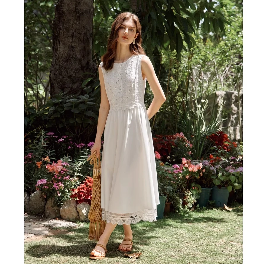 OLrain Women's Long Sleeveless Dress 2026 Summer White Lace Hollow 100% ...
