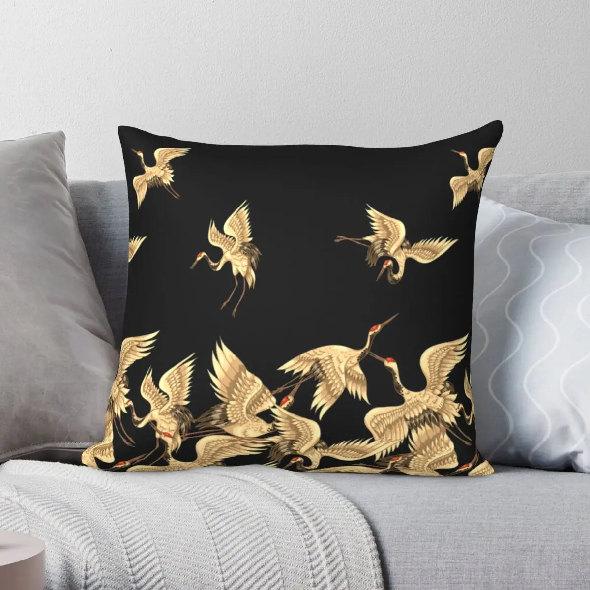 Oriental-Golden-Chinese-Cranes-Square-Pillowcase-Polyester-Linen-Velvet ...