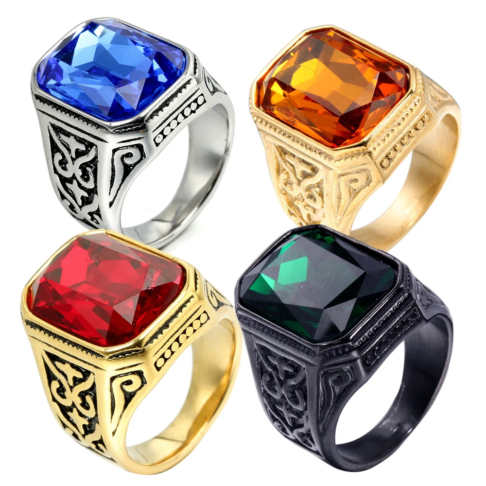 Personalized-Multi-color-Large-Gemstone-Titanium-Steel-Ring-Rock-Punk ...