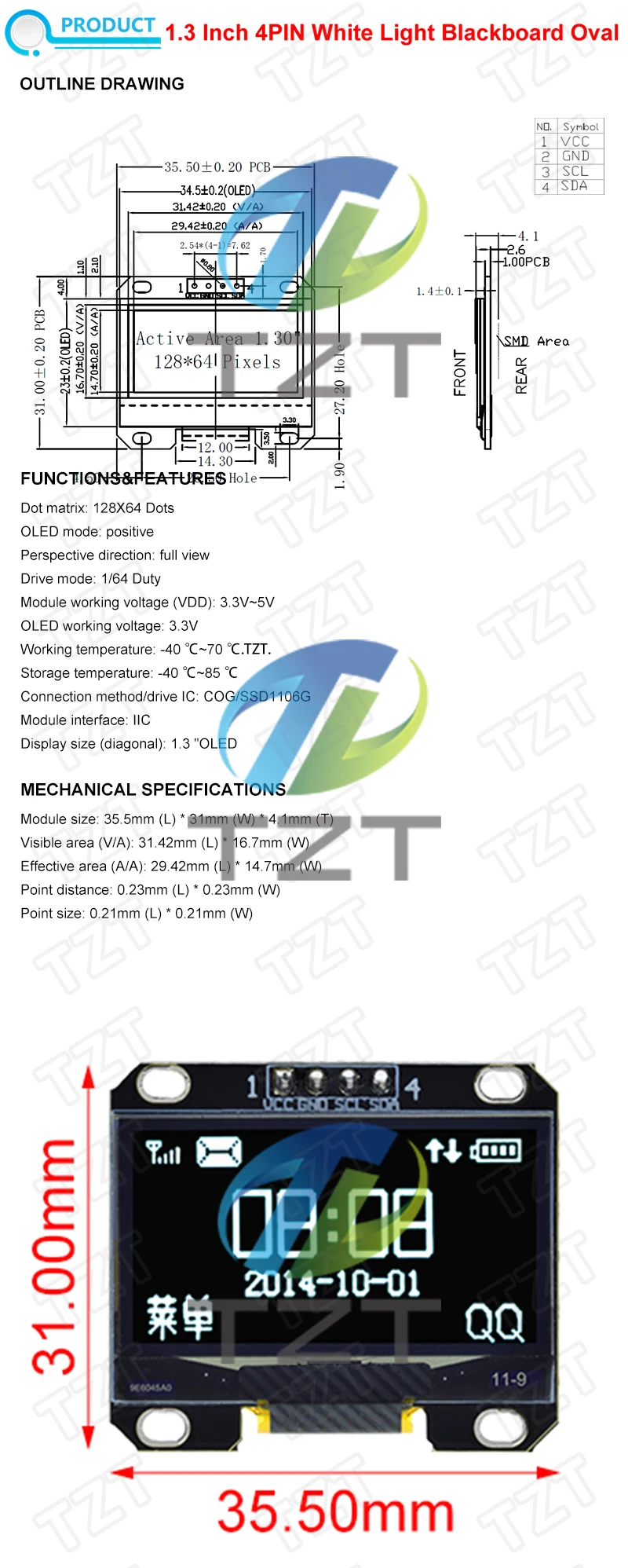 1,3-дюймовый OLED-модуль TZT 128x64 белый/синий | AliExpress