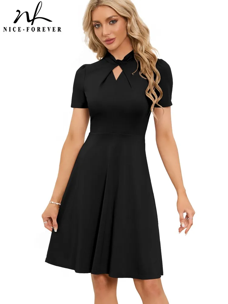 Nice-forever Summer Women Classy Solid Black Color Dresses Casual Party ...