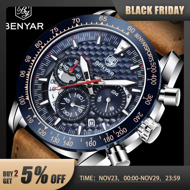 BENYAR-Top-Brand-New-Men-Watches-Leather-Strap-Luxury-Waterproof-Sport ...