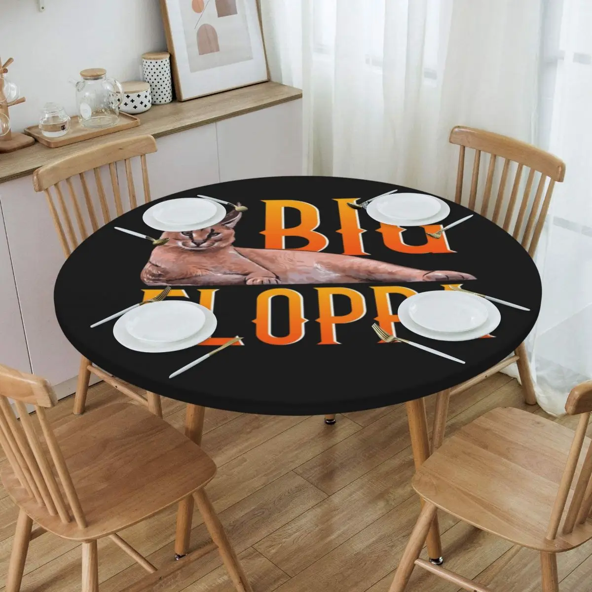 Big Floppa Cat Meme Tablecloth Round Elastic Fitted Waterproof Anime ...