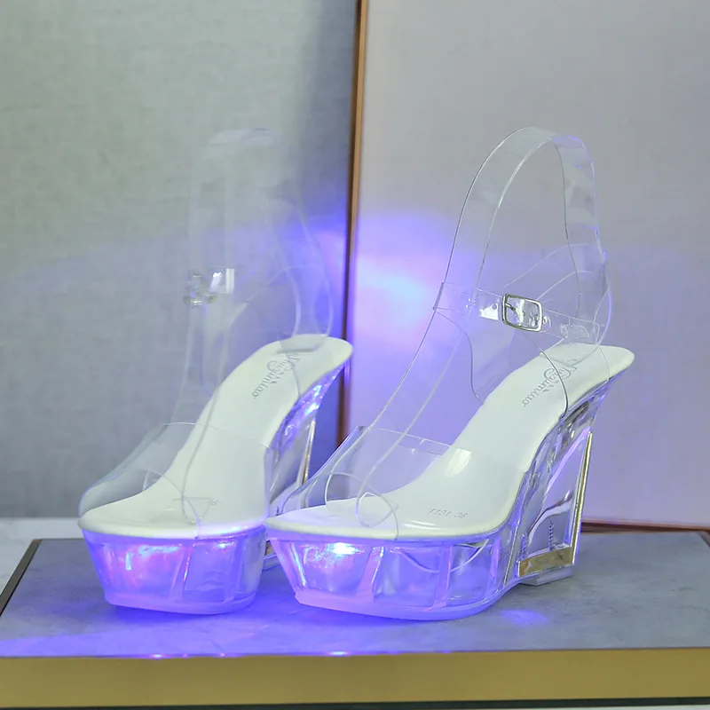 Women-s-Led-Illuminated-Sandals-Clear-Heel-Wedge-10CM-Nightclub ...