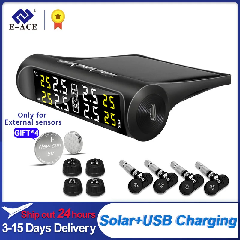 E-ace Car Solar Tire Pressure Tpms Monitoring System Solar Power Digital Tpms Display Security ...
