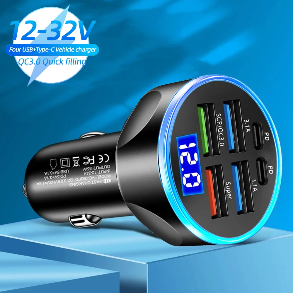 66W-USB-Car-Charger-LED-6-Ports-Fast-Charge-PD-QC3-0-Display-Voltage ...