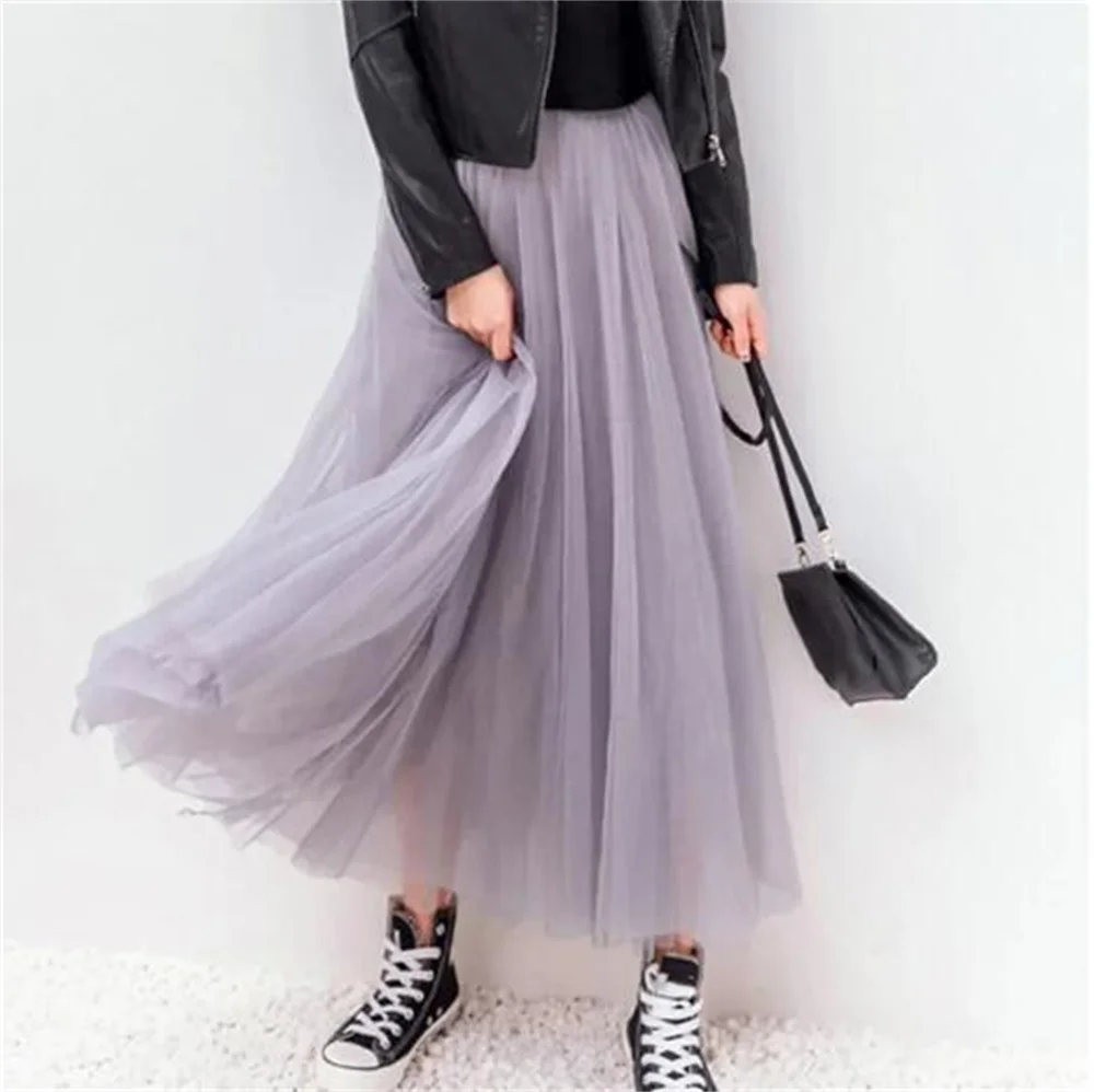3 Layers Mesh Long Tulle Skirt Elastic Waist Elegant High Waist Ball ...