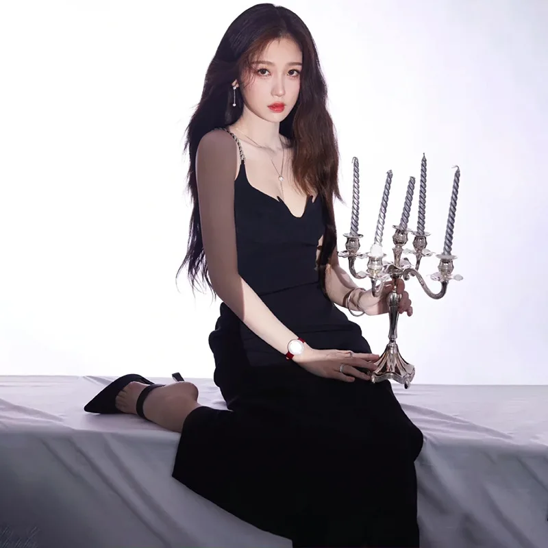 Sexy-Hepburn-style-deep-V-neck-Black-Dress-women-Slim-chain-strap ...