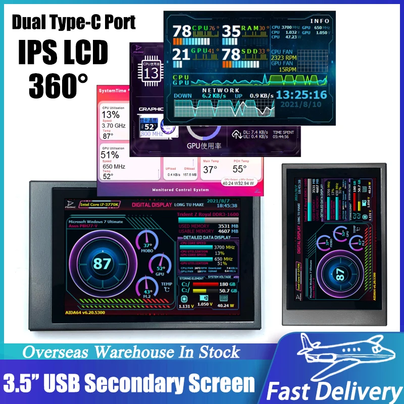3.5 ips ips ips usb tela secundária monitor do computador 360 ° rotação ...
