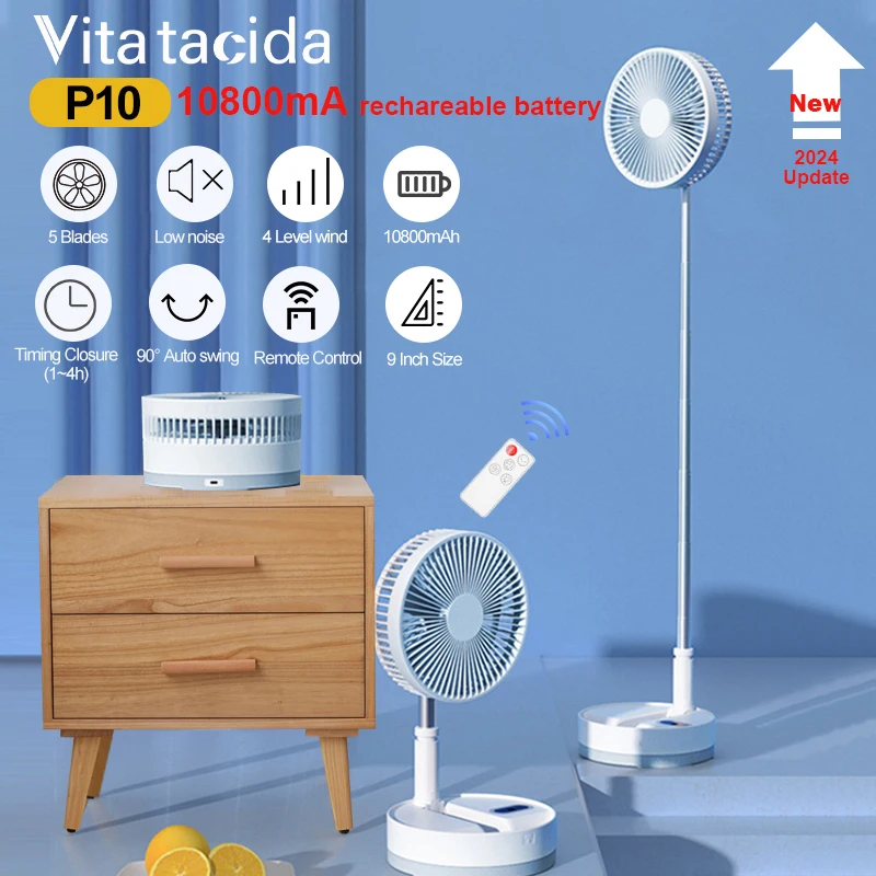P10-10800mAh-Folding-Portable-Fan-USB-Remote-Control-Air-Cooler-Silent ...